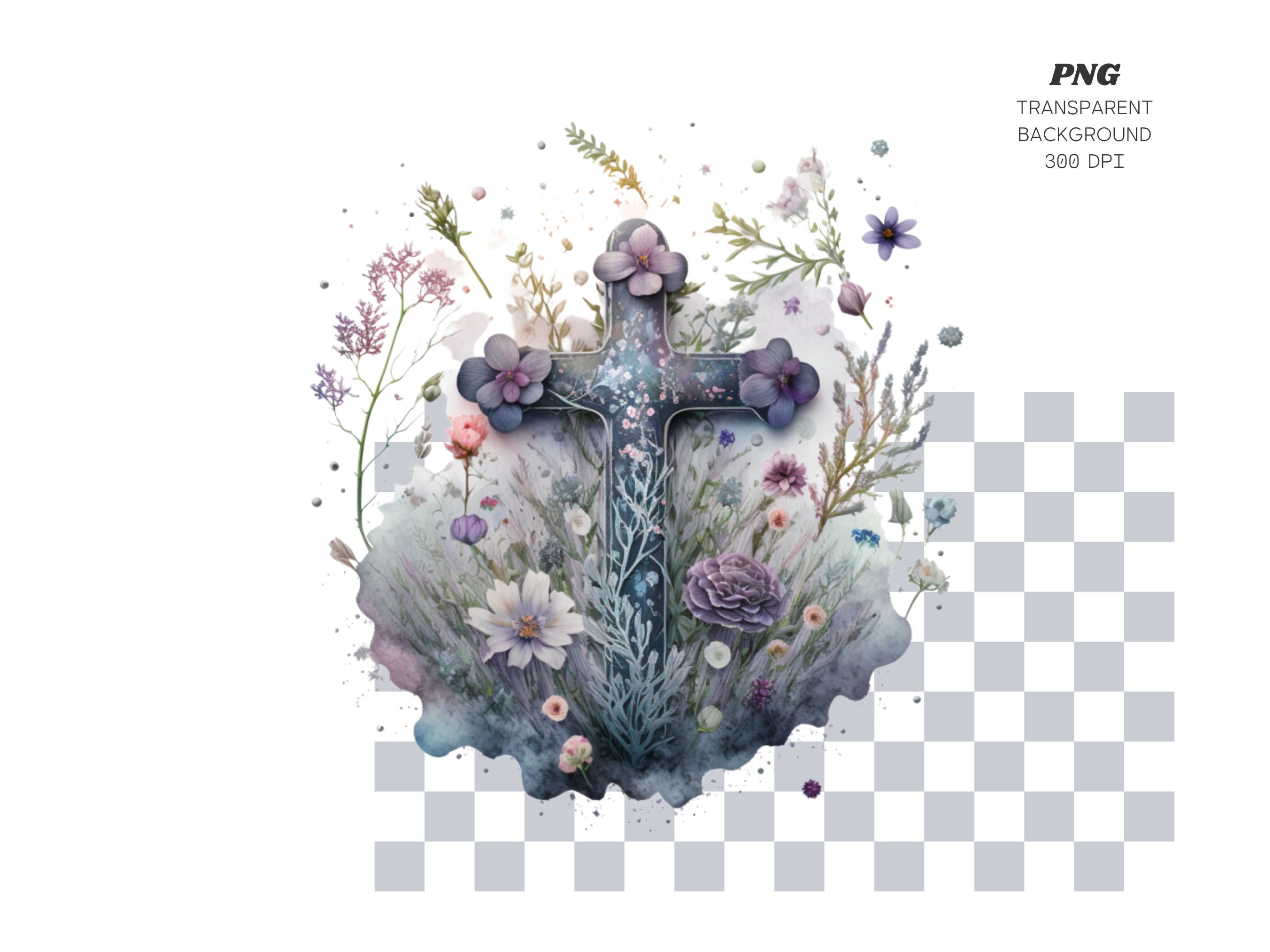 Cross & Spring Flowers Set Clipart Watercolor Illustration, Bundle ...