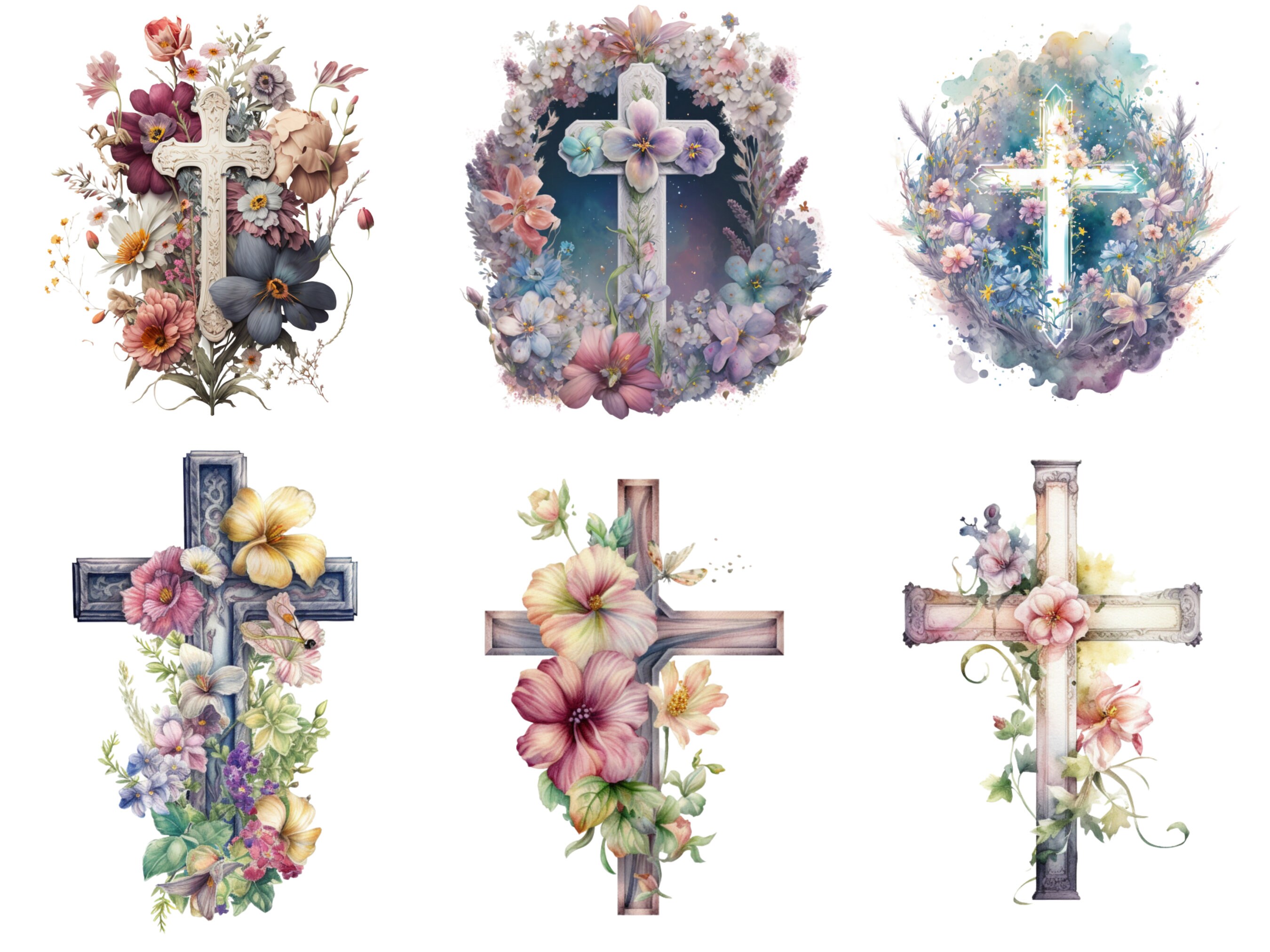 Cross & Spring Flowers Set Clipart Watercolor Illustration - Etsy