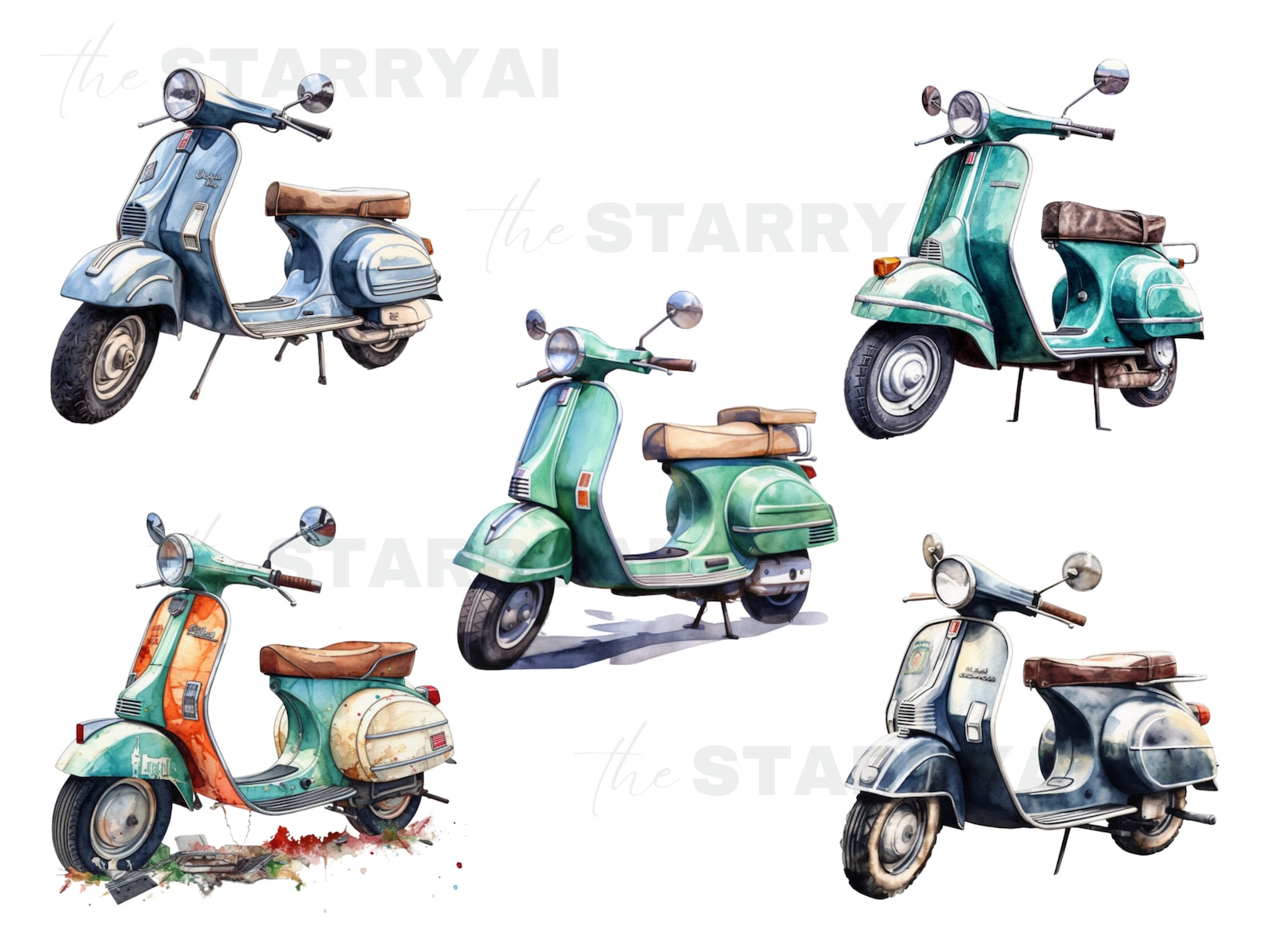 Vespa Watercolour Clipart, Collection of Vespa Vintage Illustration ...
