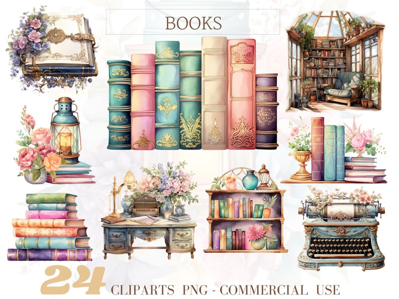 Books Watercolor Clipart, Stack Books Cottagecore Spring Flowers ...