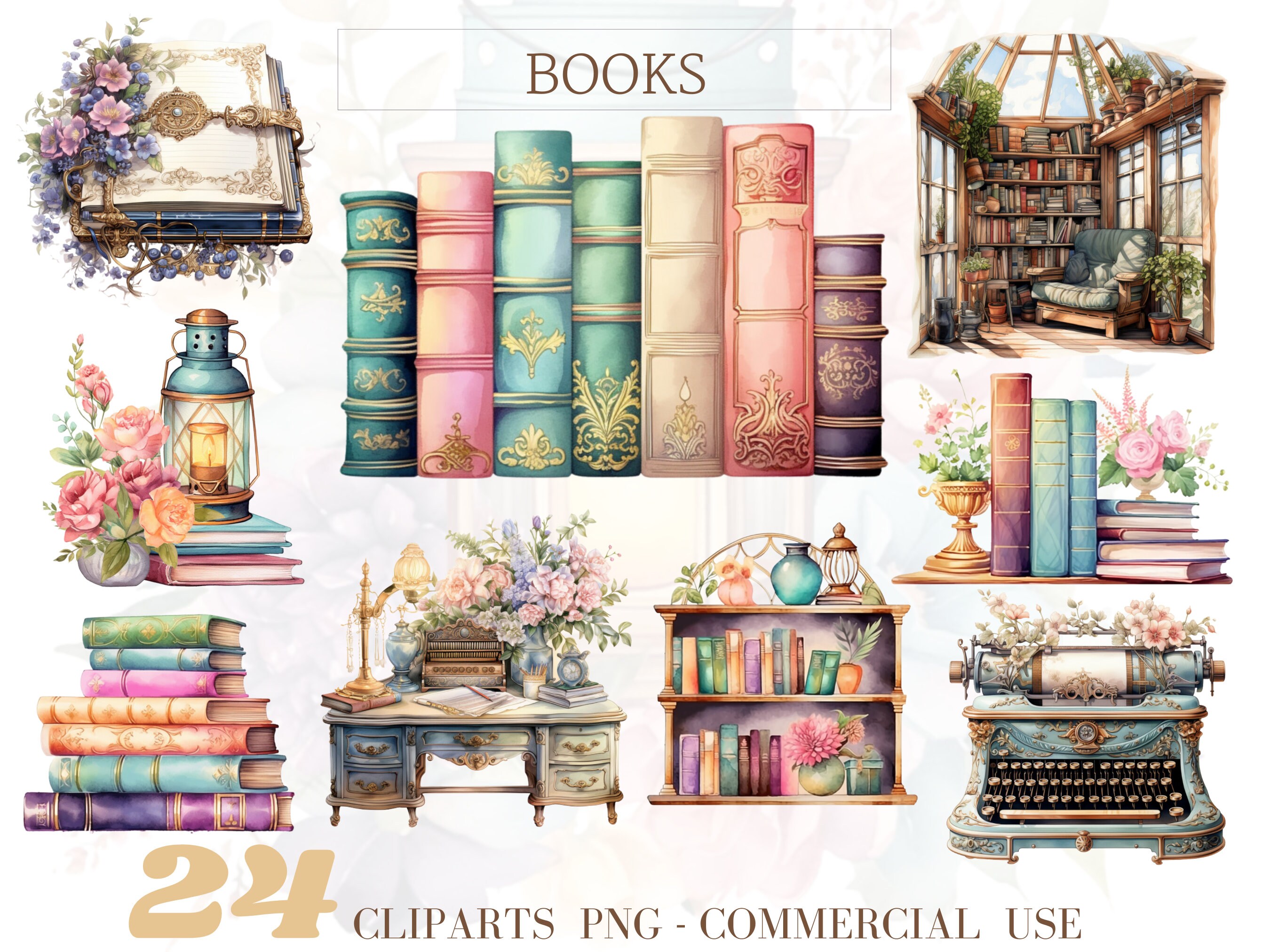 Books Watercolor Clipart, Stack Books Cottagecore Spring Flowers ...