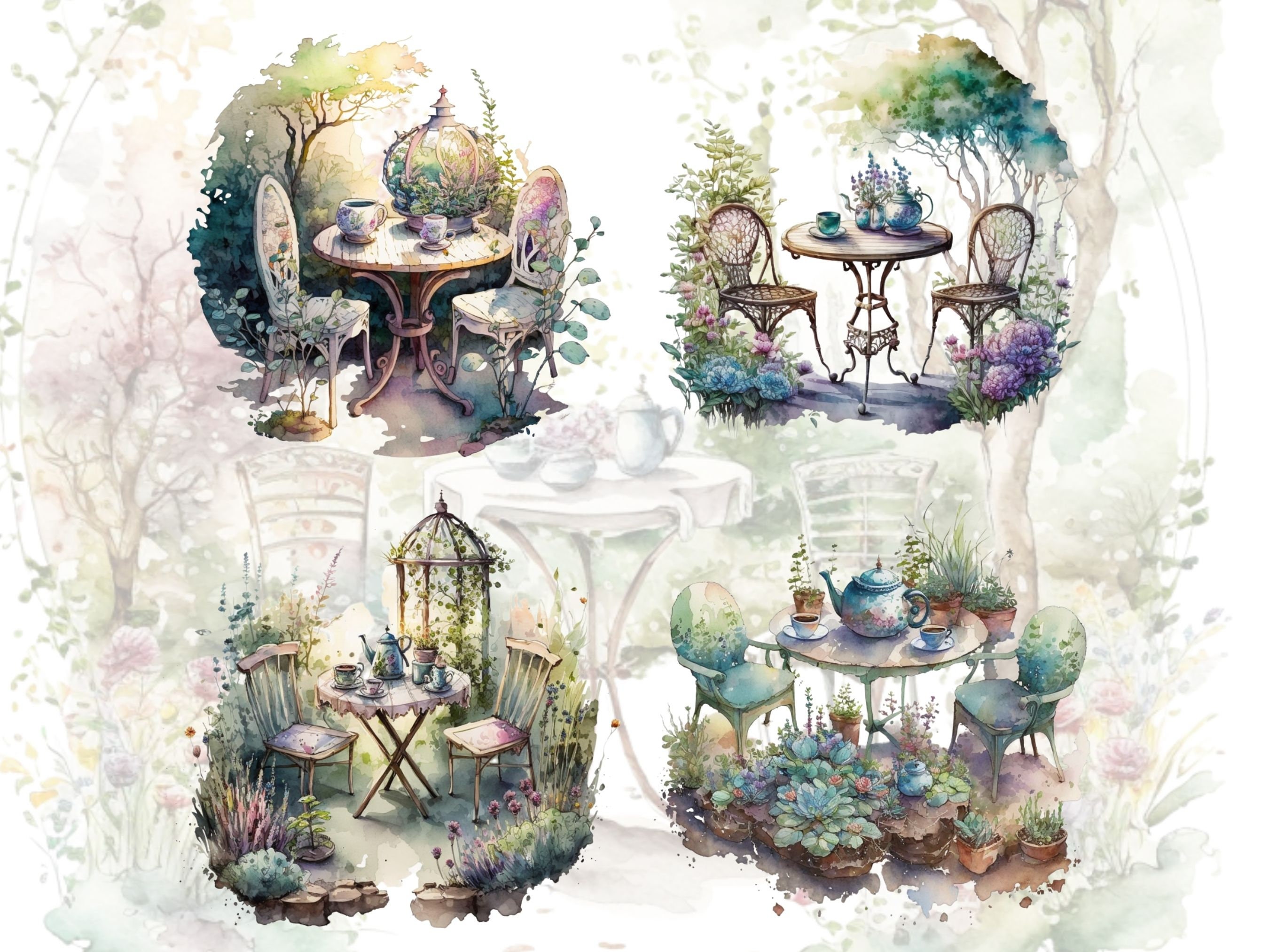 Garden Tea-time Watercolour, Clip-arts, Spring Flowers, Tea Party ...