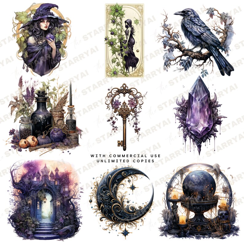 Nightshade Witch Clipart: Belladonna, Cauldron, Black Cat (PNG Digital ...