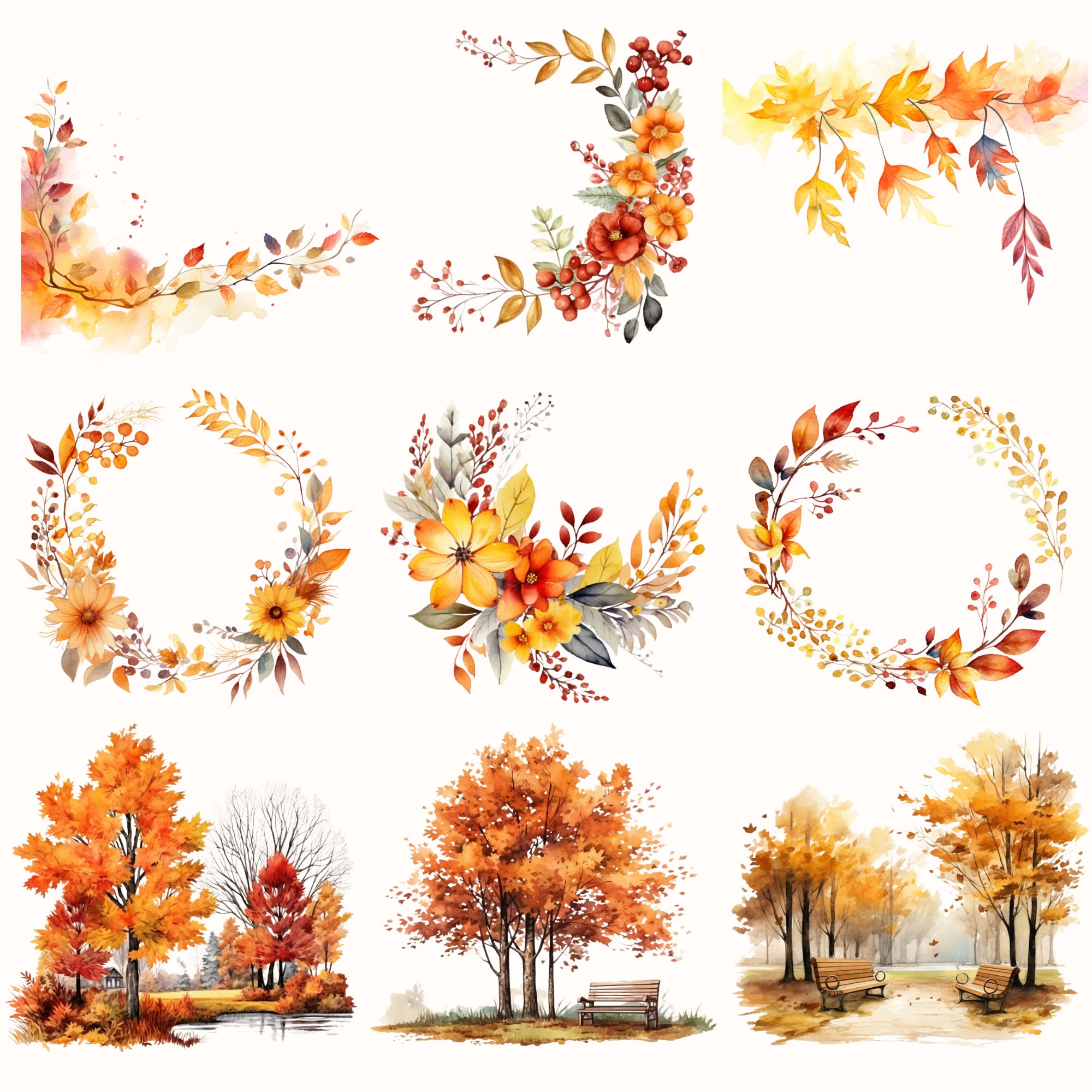 Autumn Elements Clipart Watercolour, Circle Frame & Square, Border ...