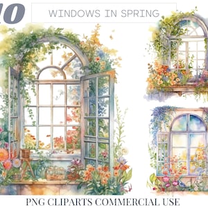 Windows Spring Watercolour Cliparts, Flowers Illustration, PNG Instant ...