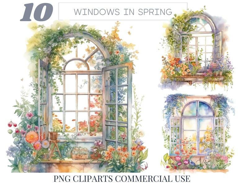 Windows Spring Watercolour Cliparts, Flowers Illustration, PNG Instant ...