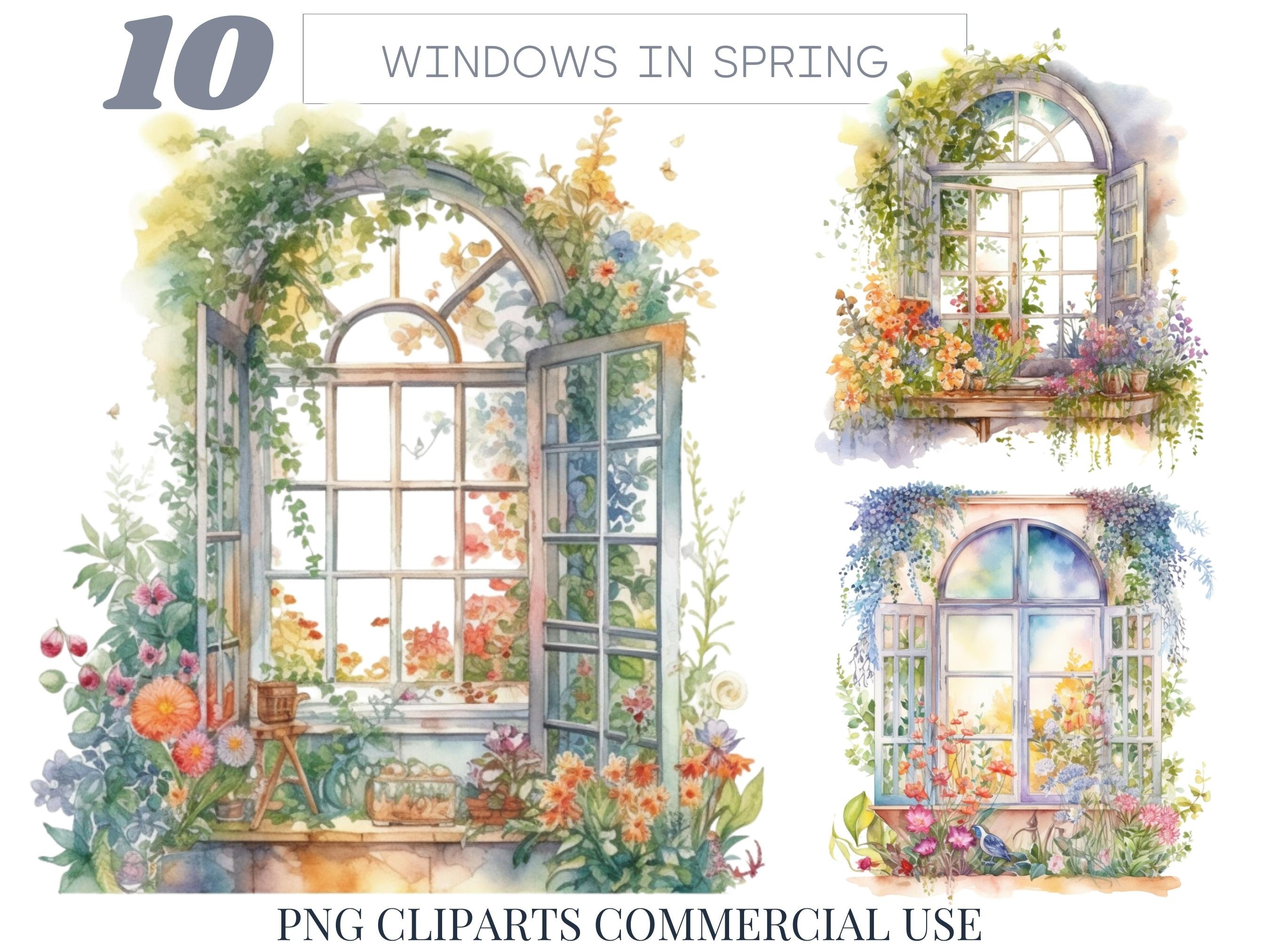 Windows Spring Watercolour Cliparts, Flowers Illustration, PNG Instant ...