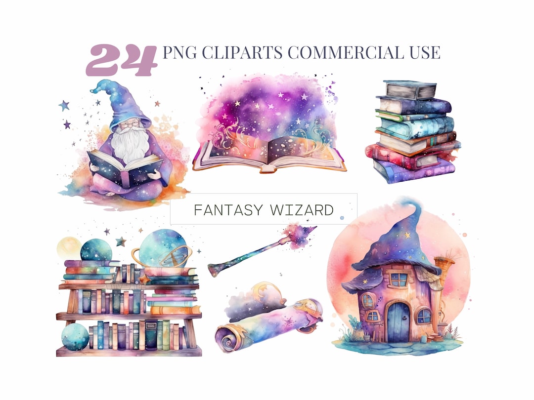 Wizard Watercolor, Stack of Books, Potions, Open Books Galaxy Colors ...