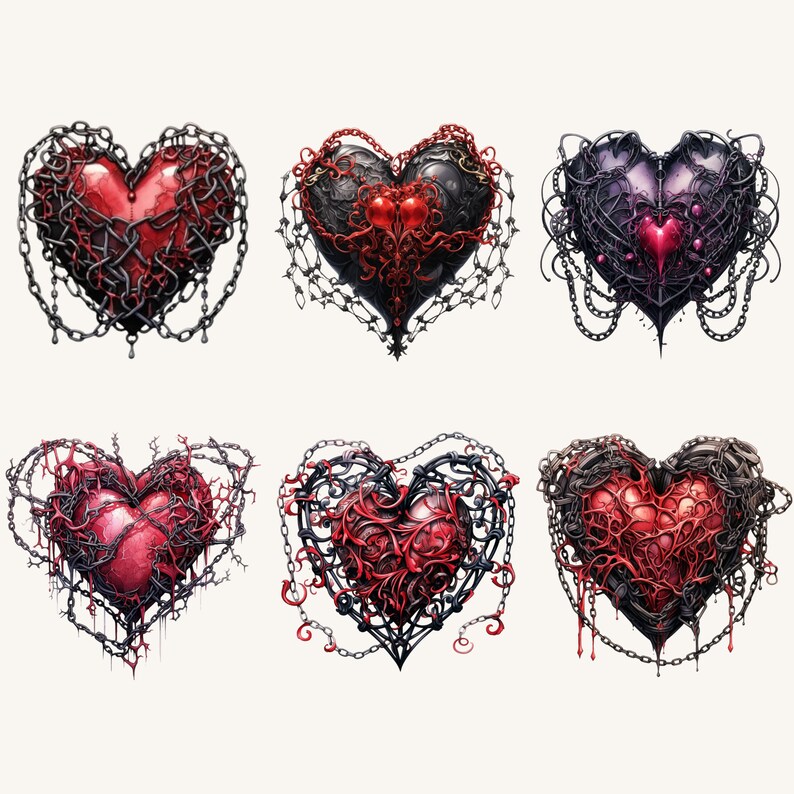 Gothic Chained Hearts, Watercolor Illustration, Cliparts, PNG Instant ...