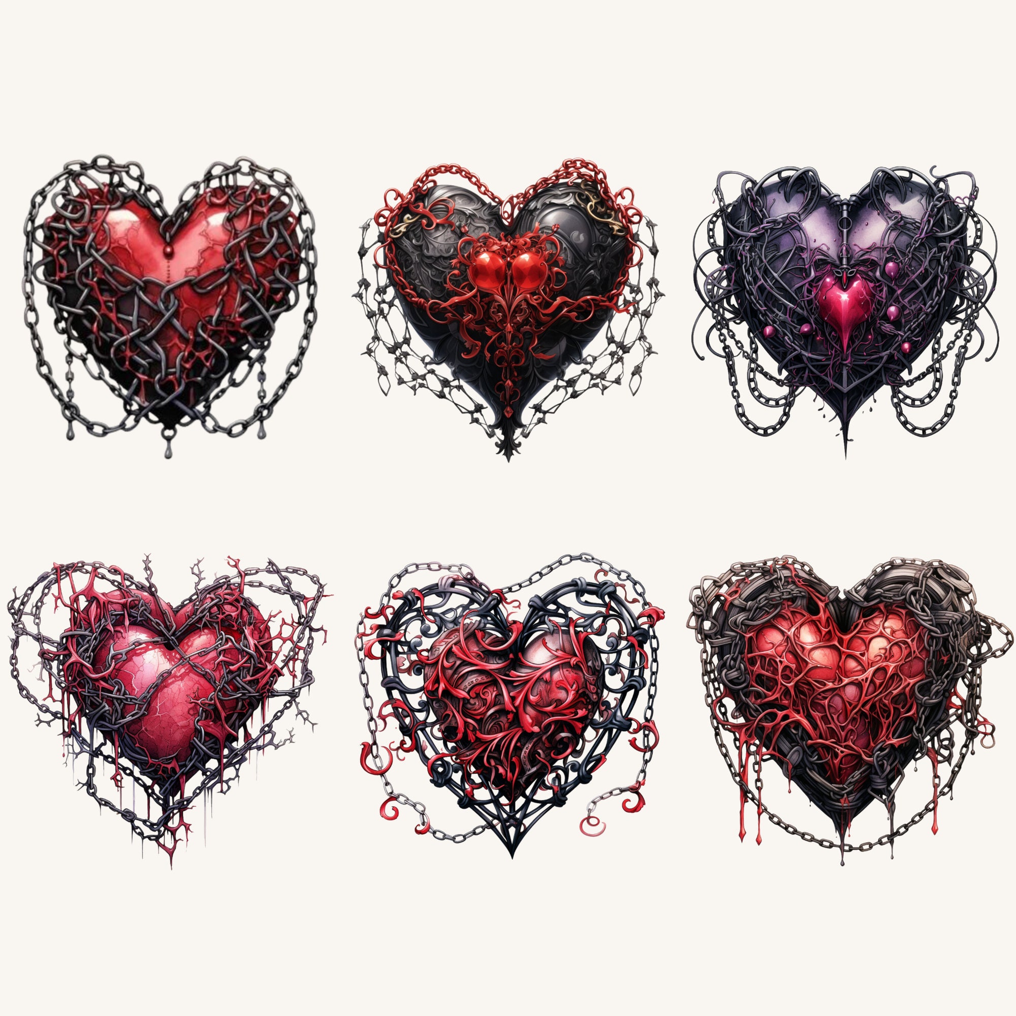 Gothic Chained Hearts, Watercolor Illustration, Cliparts, PNG Instant Download Commercial Use ...
