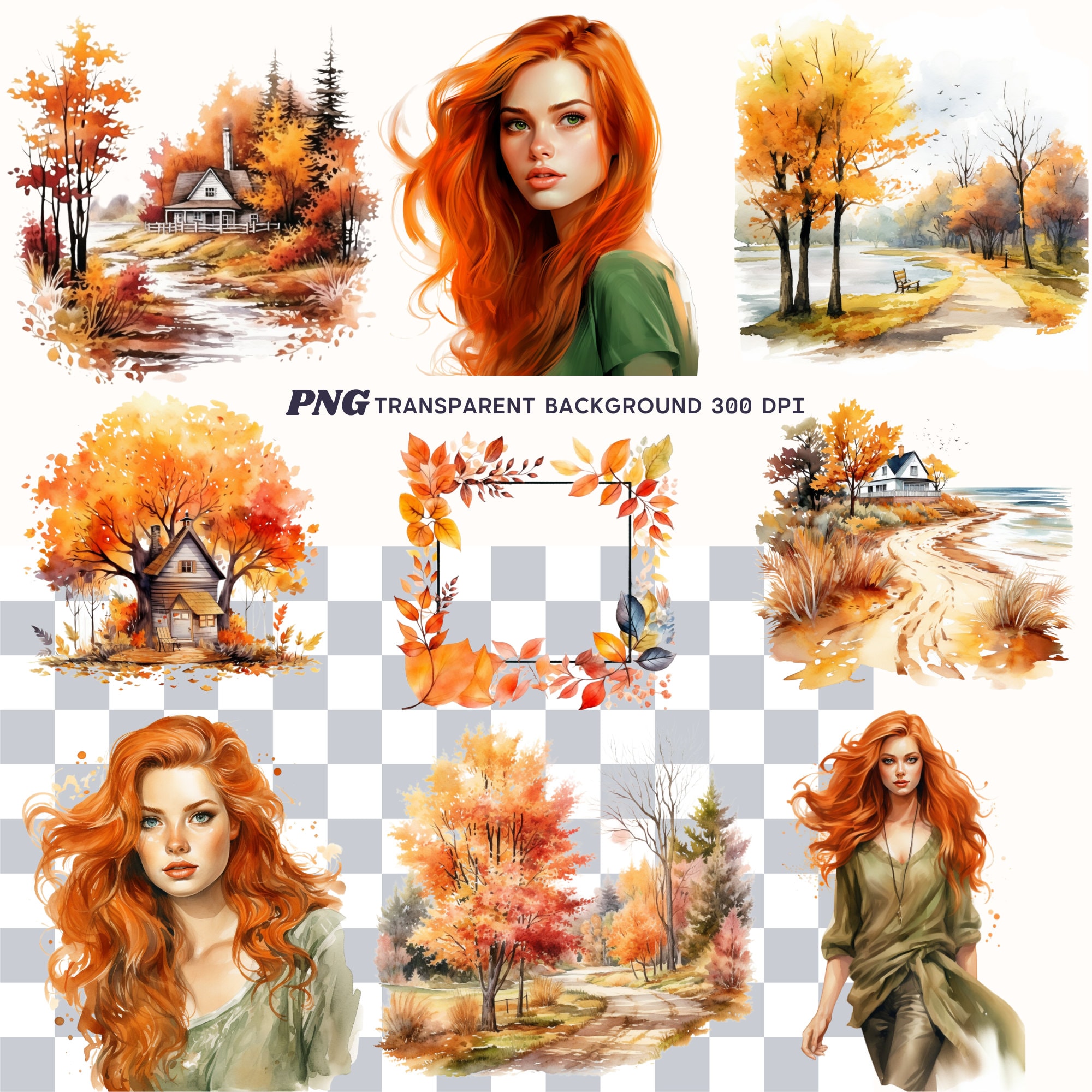 Autumn Elements Clipart Watercolour, Circle Frame & Square, Border ...