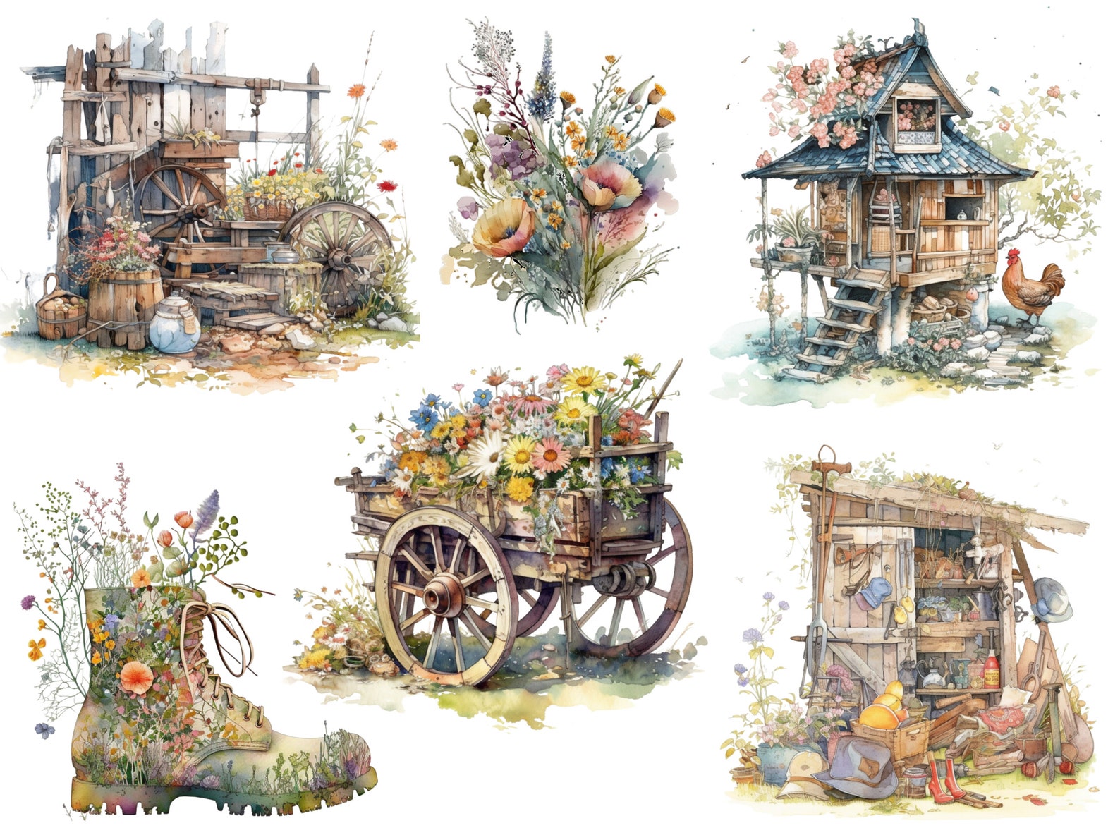 FARM Cliparts Watercolors, Houses, Bouquet, Animals, Farm House, PNG ...