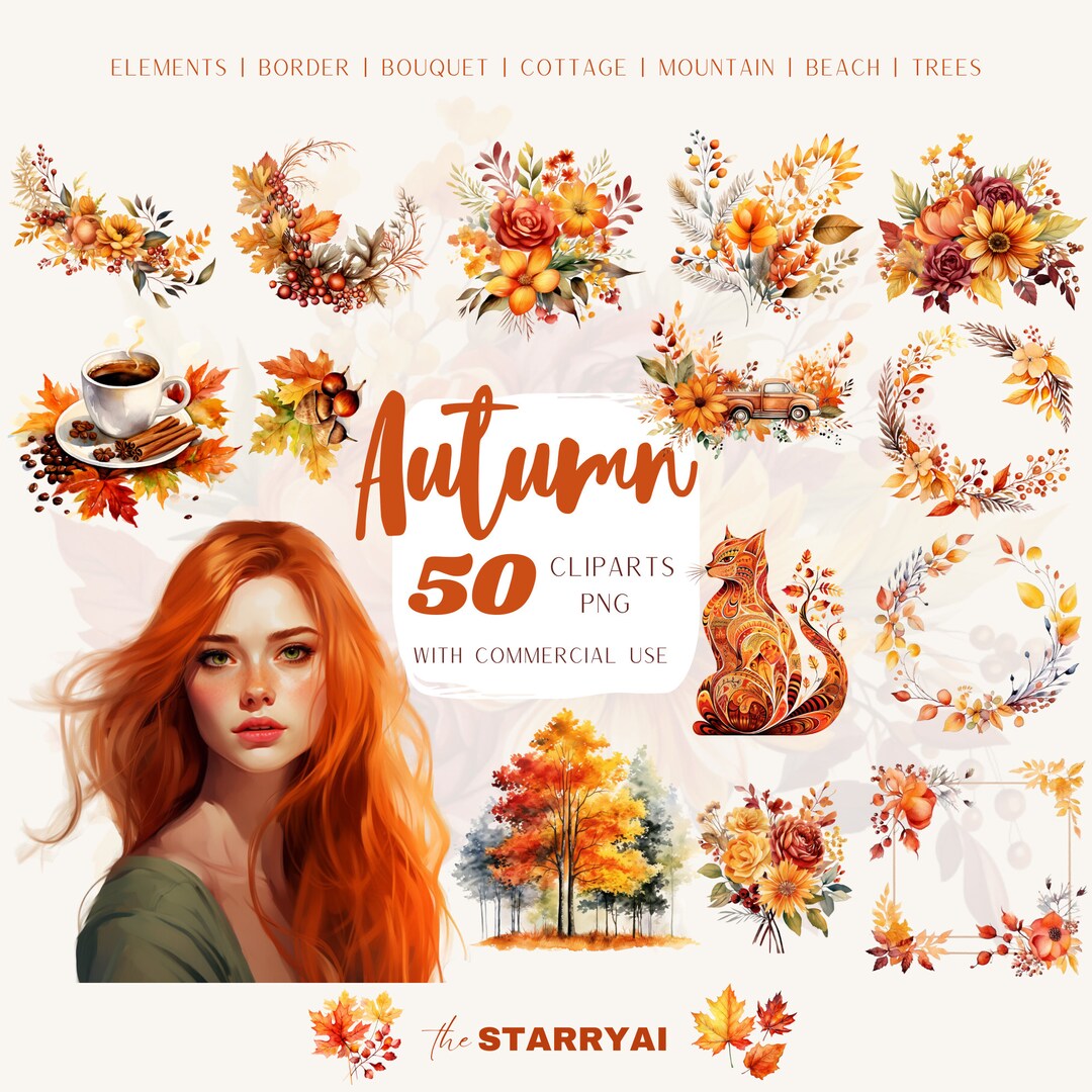 Autumn Elements Clipart Watercolour, Circle Frame & Square, Border ...