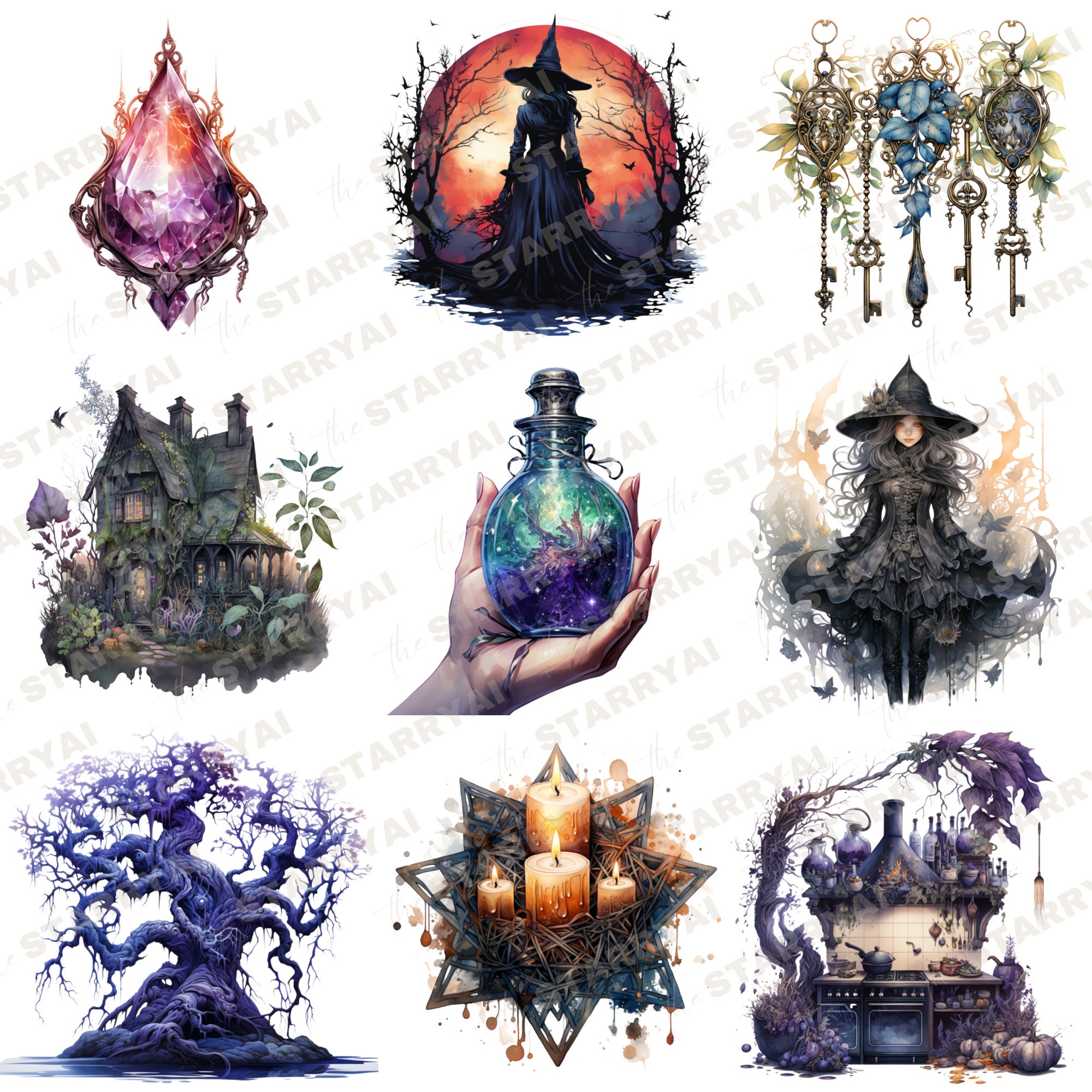 Nightshade Witch Clipart: Belladonna, Cauldron, Black Cat (PNG Digital ...