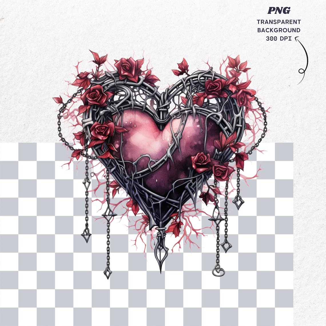 Gothic Chained Hearts, Watercolor Illustration, Cliparts, PNG Instant ...