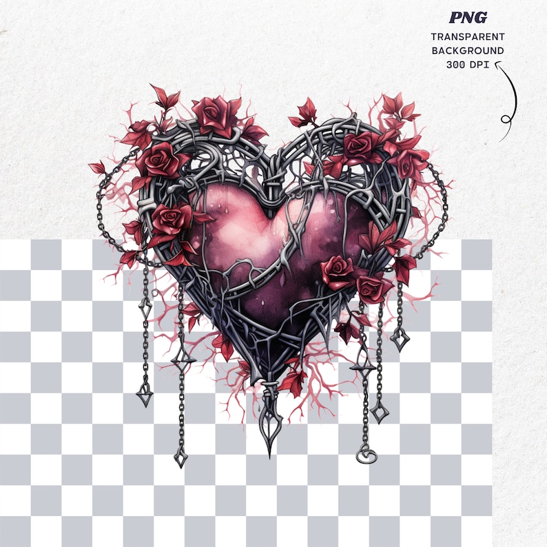 Gothic Chained Hearts, Watercolor Illustration, Cliparts, PNG Instant Download Commercial Use ...