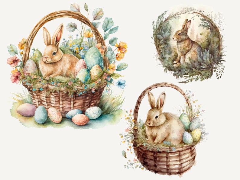 Easter Eggs Bunnies Chicks Basket Watercolours Easter - Etsy