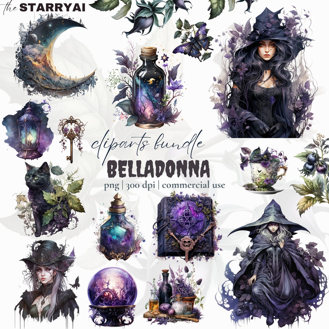 Nightshade Witch Clipart: Belladonna, Cauldron, Black Cat (PNG Digital ...