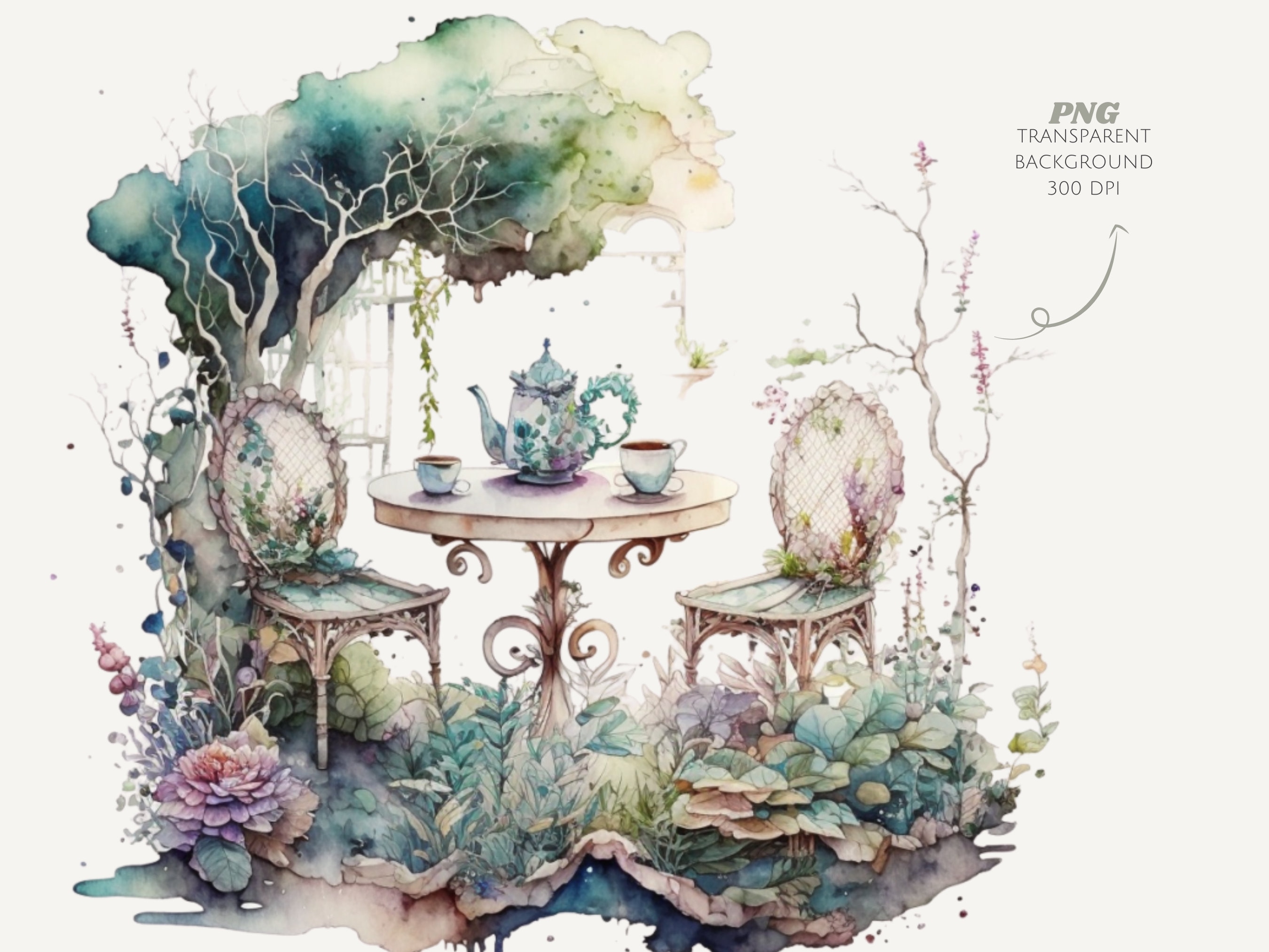 Garden Tea-time Watercolour, Clip-arts, Spring Flowers, Tea Party ...