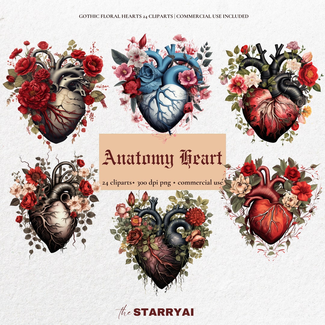 Anatomy Floral Heart, Gothic Watercolor Illustration, Cliparts, PNG ...
