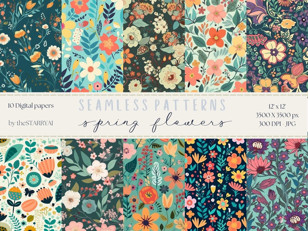Spring Flowers, 10 Seamless Pattern, Digital Paper Backgrounds ...