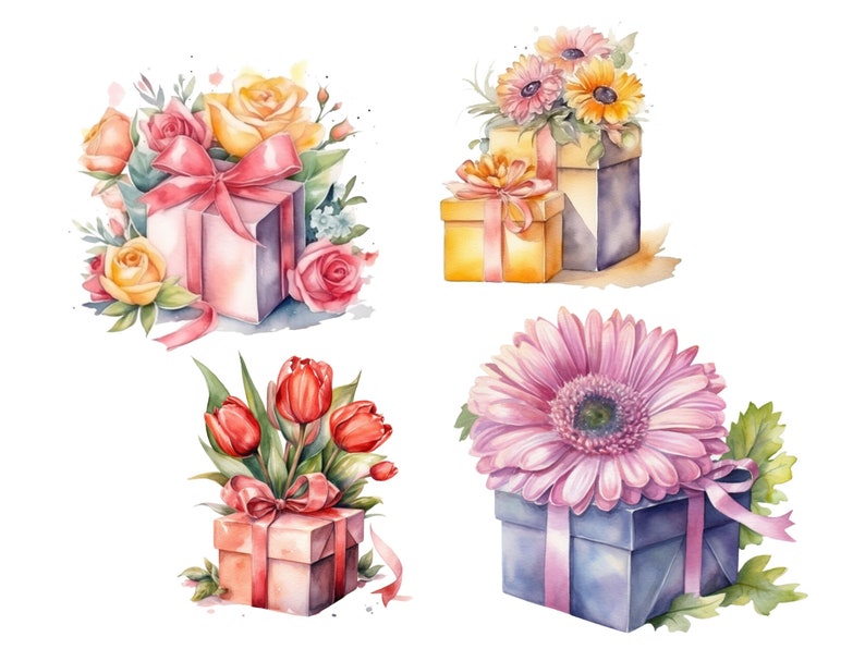 Gift Boxes Watercolour, Floral Clip-arts, Spring Flowers, Gift ...