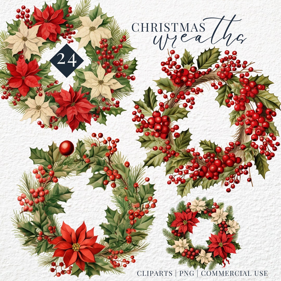 Christmas Wreaths Clipart, Green, Red Elements Collection Illustration ...