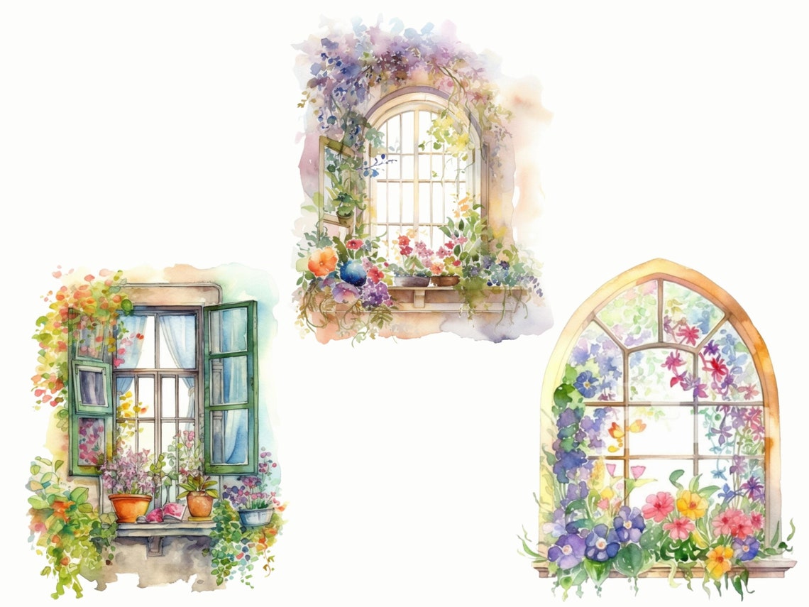 Windows Spring Watercolour Cliparts, Flowers Illustration, PNG Instant ...