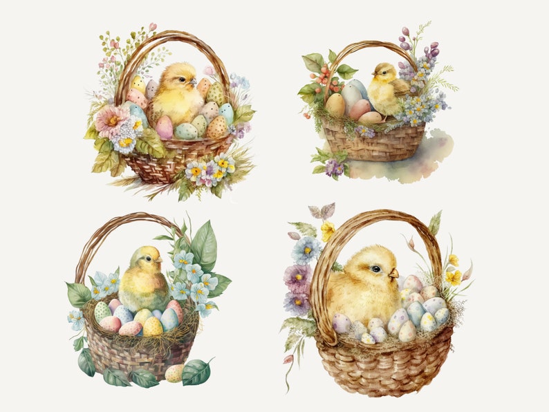 Easter Eggs Bunnies Chicks Basket Watercolours Easter - Etsy