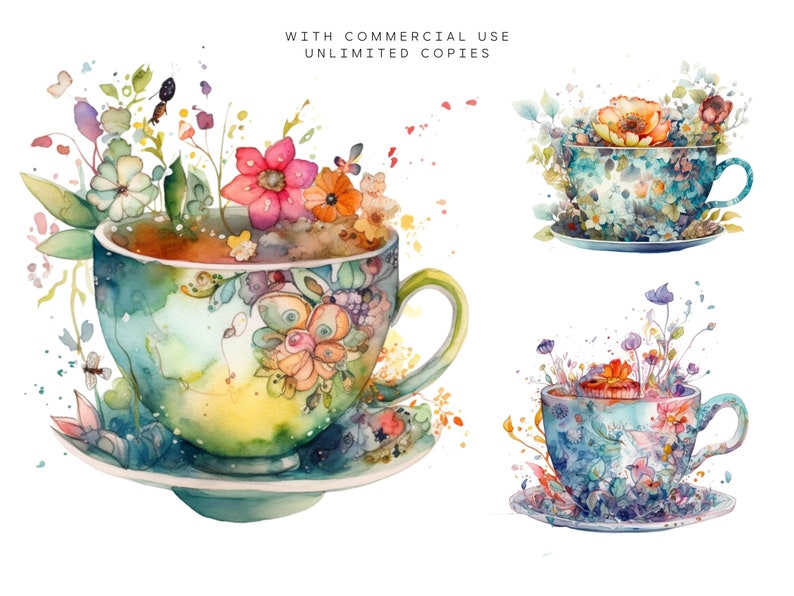 COFFEE CUPS Spring Flowers Illustration, Watercolour Clip-arts, PNG ...