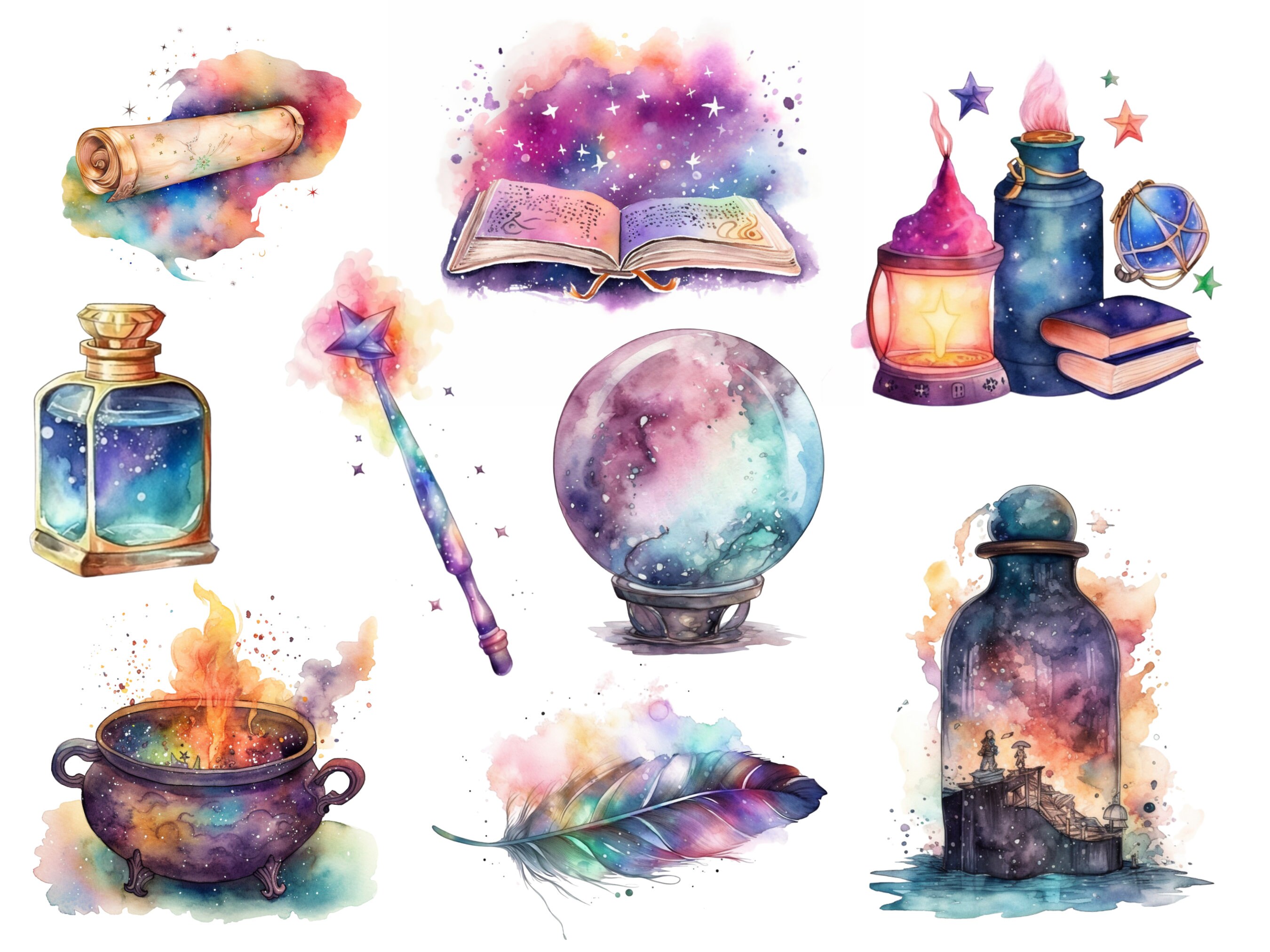Wizard Watercolor, Stack of Books, Potions, Open Books Galaxy Colors ...