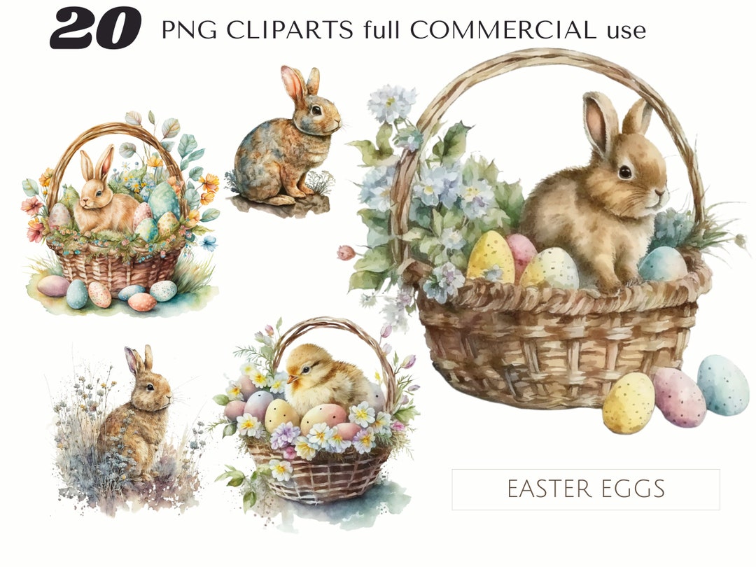 Easter Eggs, Bunnies, Chicks, Basket, Watercolours Easter Spring ...