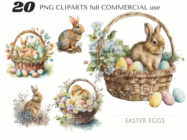 Easter Eggs Bunnies Chicks Basket Watercolours Easter - Etsy