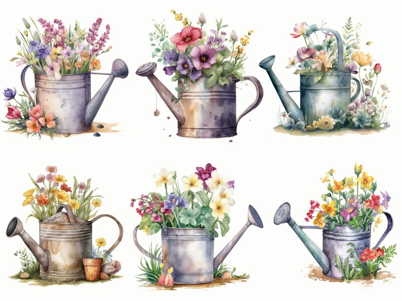 Watering Cans Spring Watercolour Clip-arts, Flowers Illustration, PNG ...