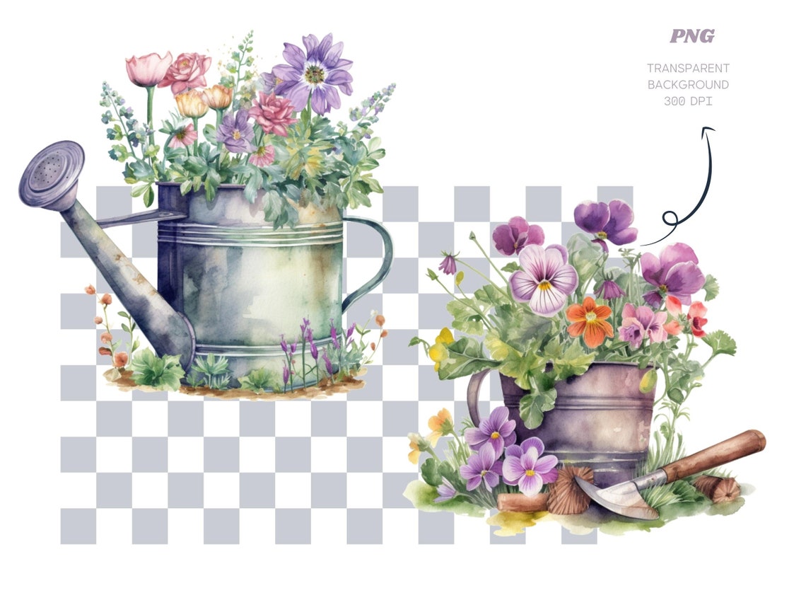 Watering Cans Spring Watercolour Clip-arts, Flowers Illustration, PNG ...