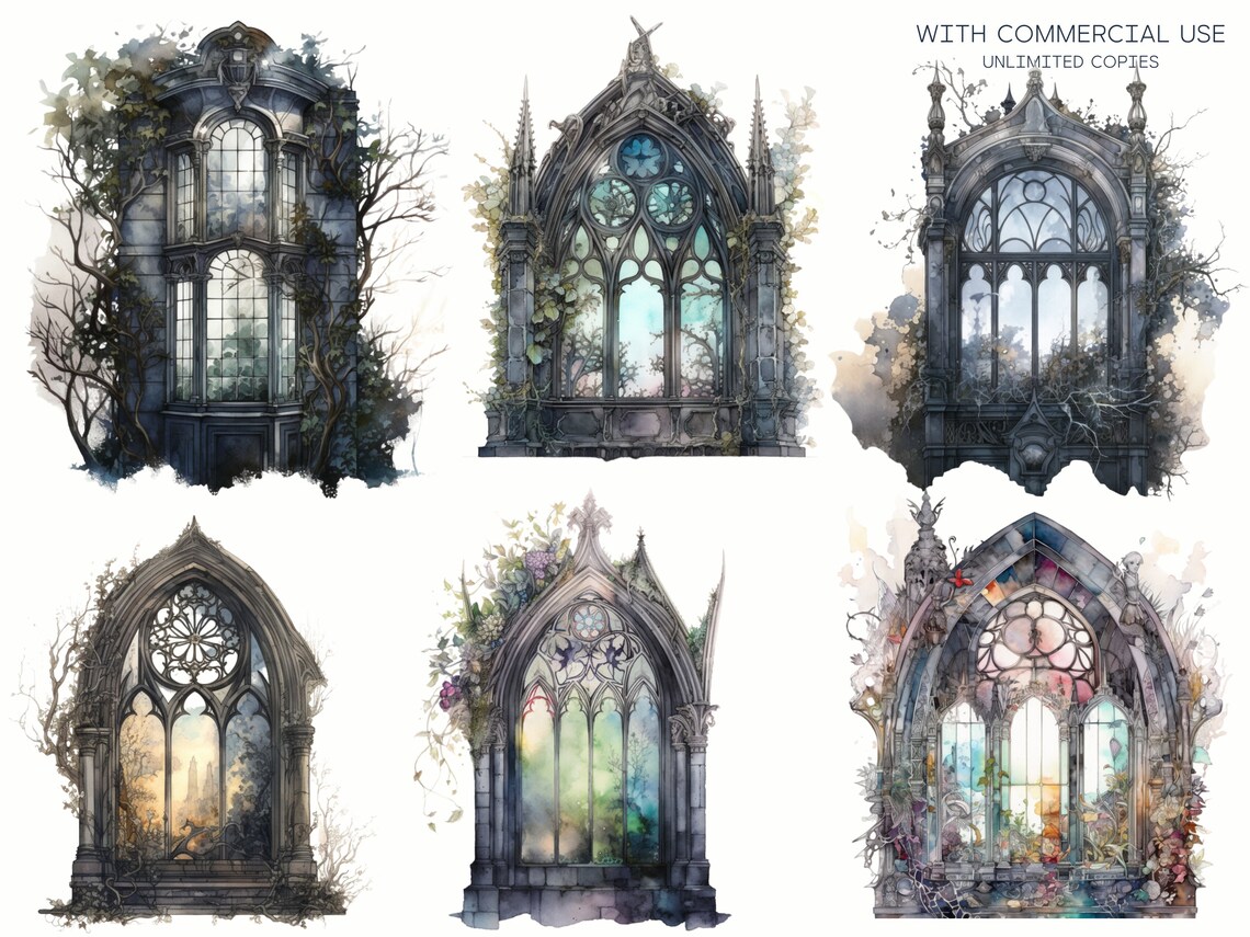 GOTHIC Windows Watercolor Illustration Cliparts, Halloween Elements ...