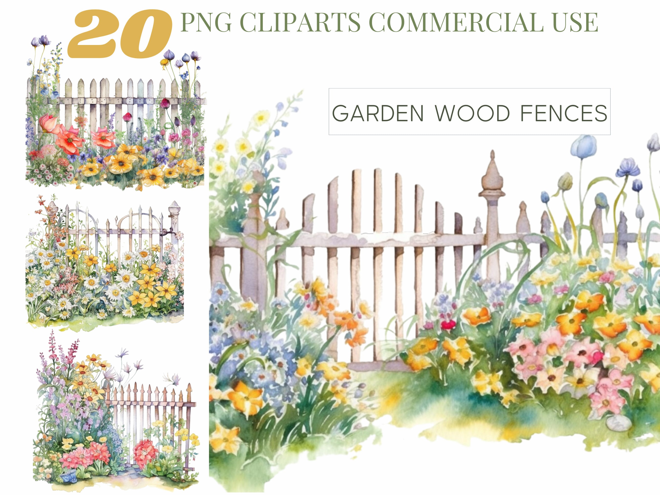 Garden Wood Fences Watercolor Clipart, Spring Flowers, Png Commercial ...