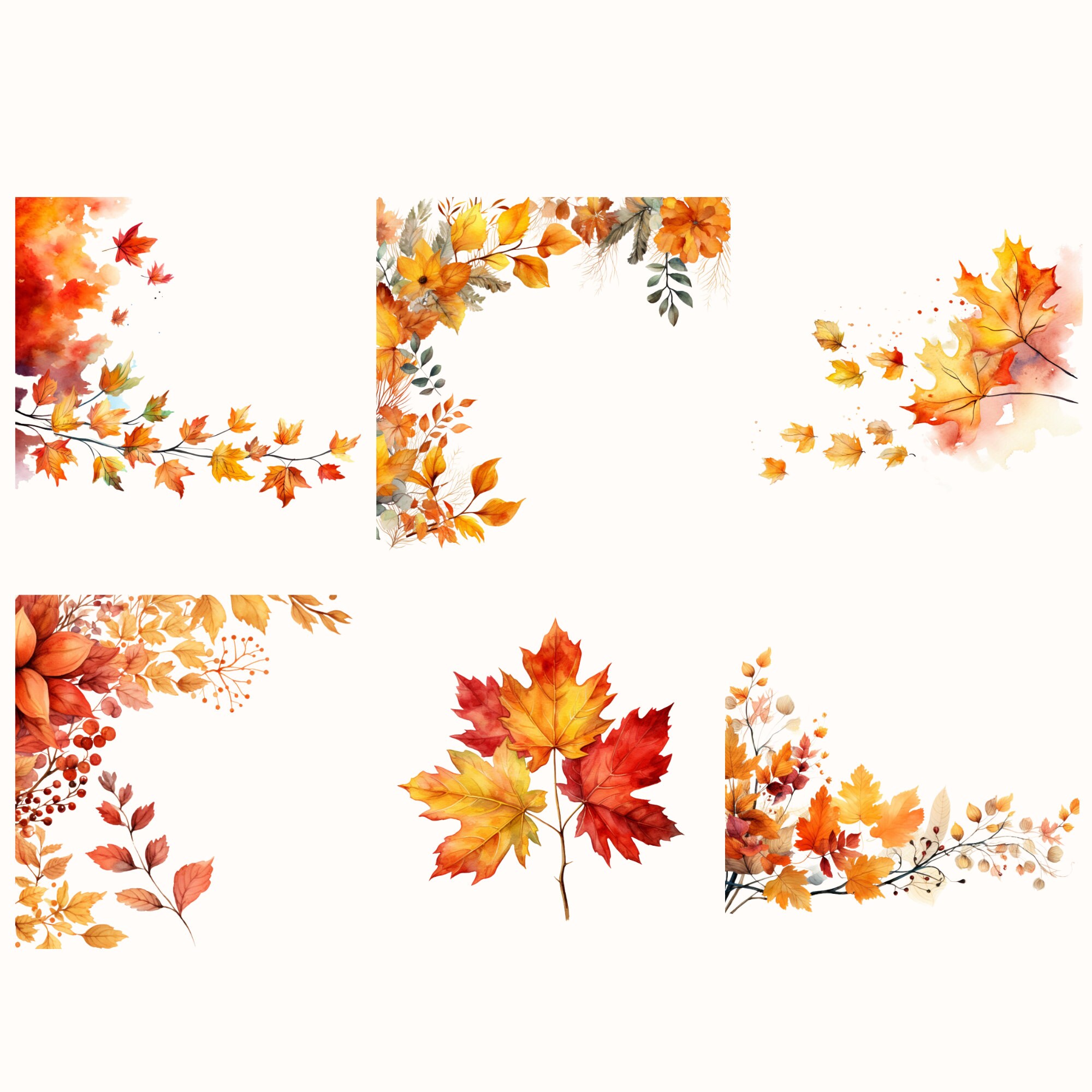 Autumn Elements Clipart Watercolour, Circle Frame & Square, Border ...