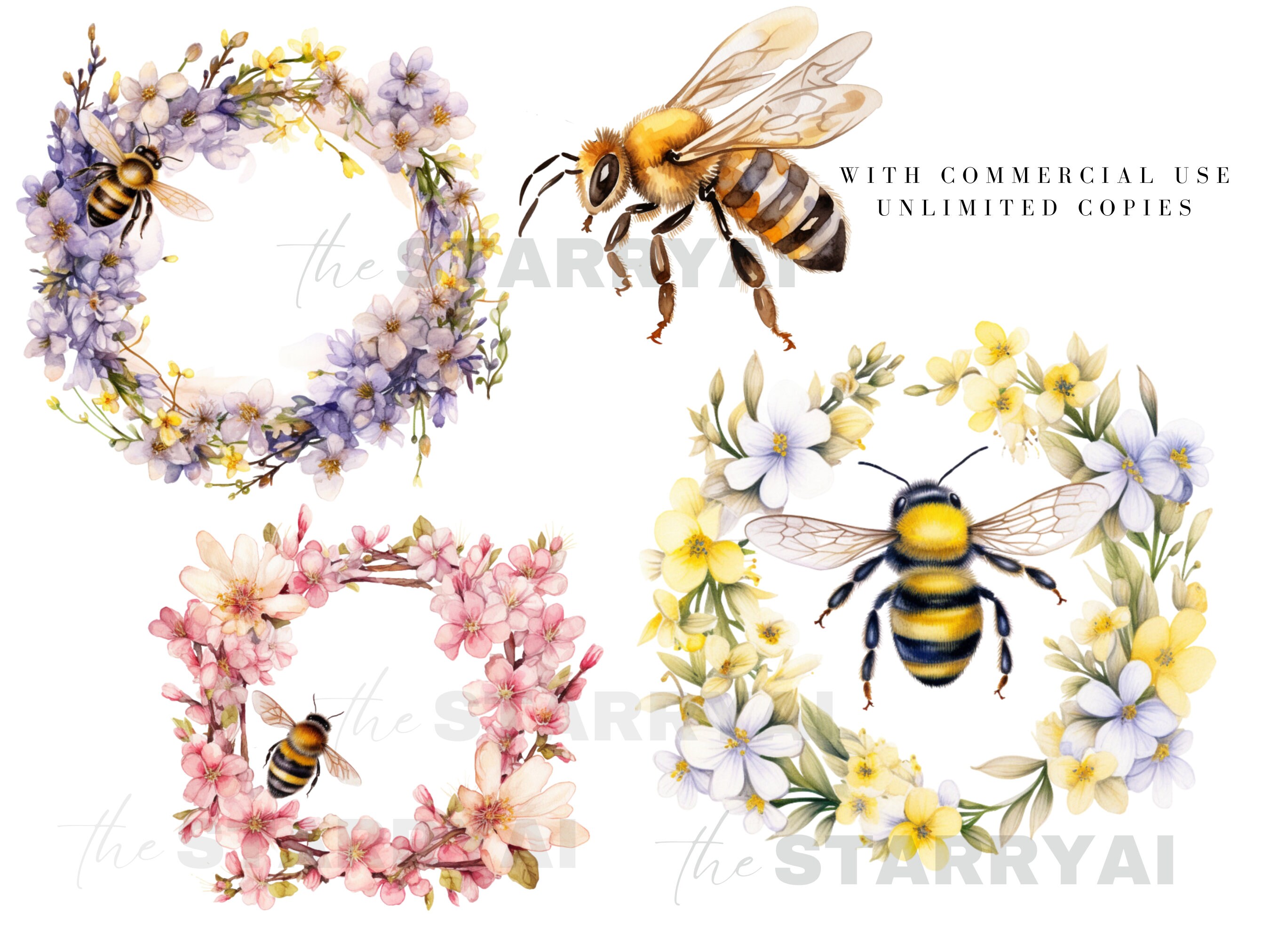 Honey Bee Watercolour Clipart, Flower Bouquet, Bees and Honey Jar ...