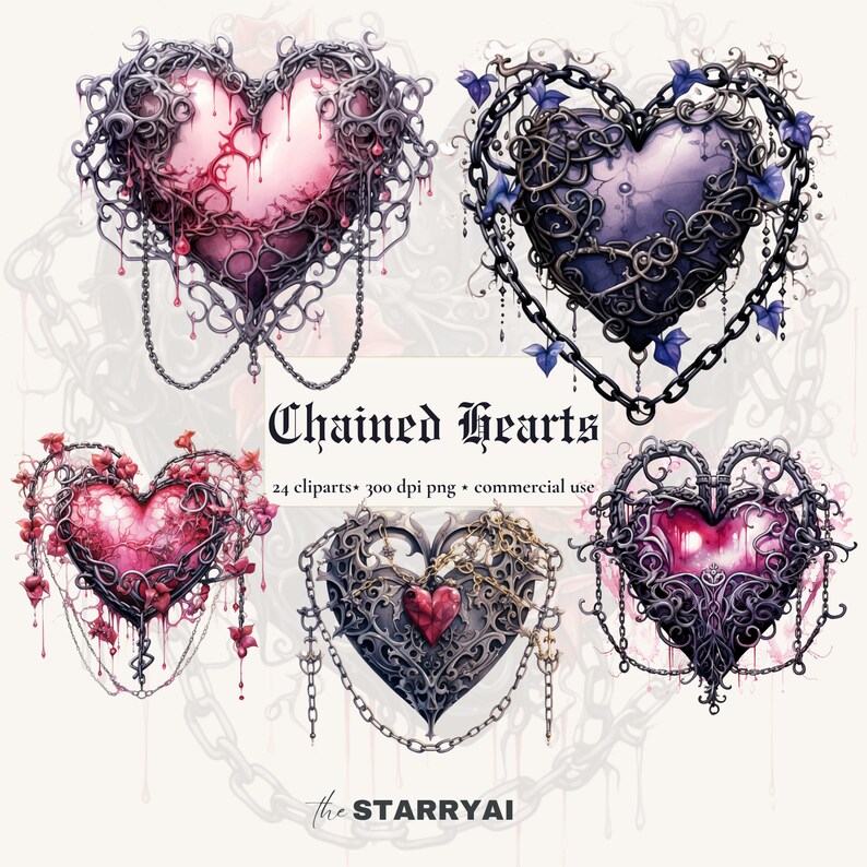 Gothic Chained Hearts, Watercolor Illustration, Cliparts, PNG Instant ...