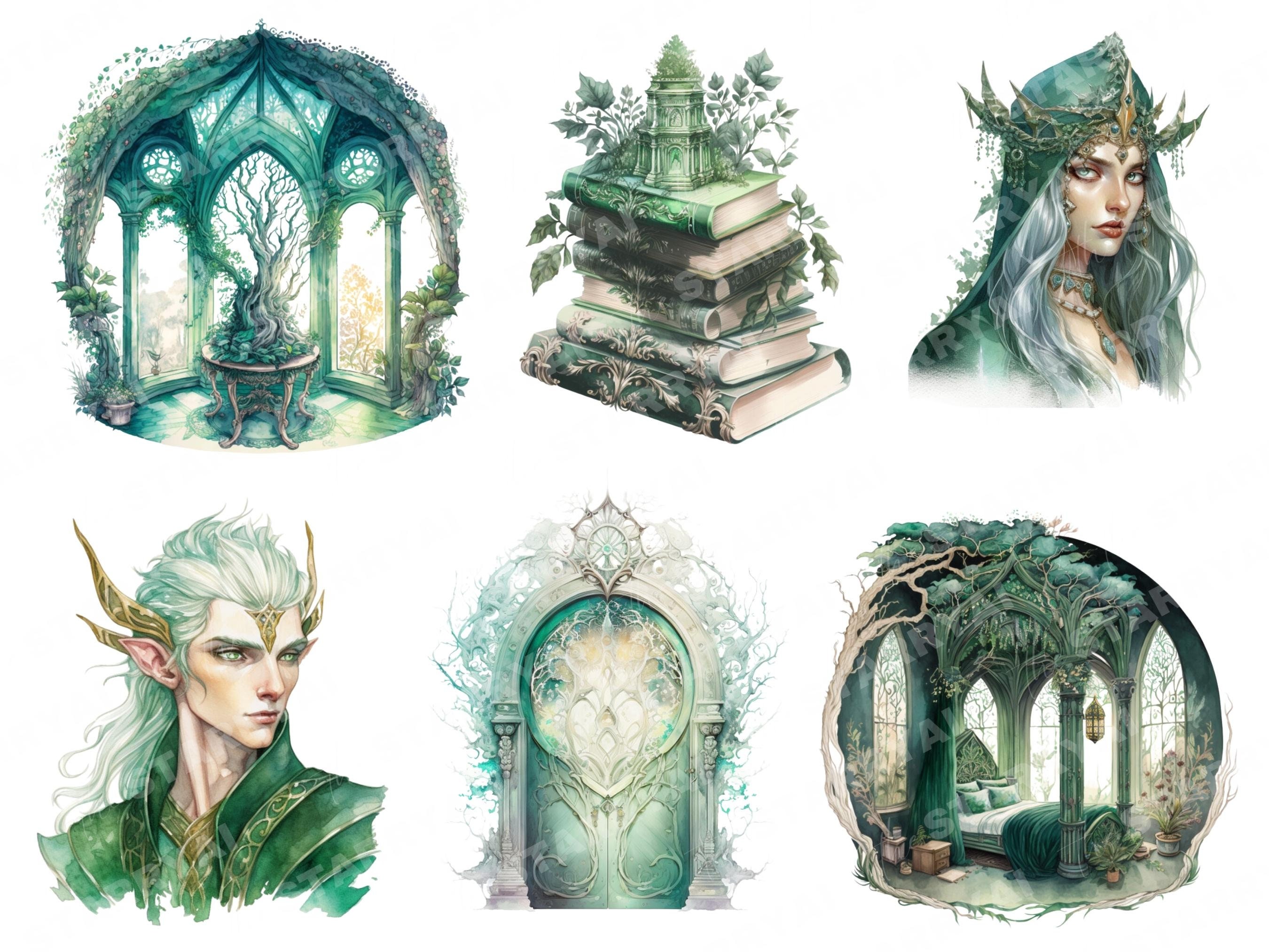 ELF PRINCESS Fantasy Watercolour, Emerald Green Open Book, Elf Castle ...