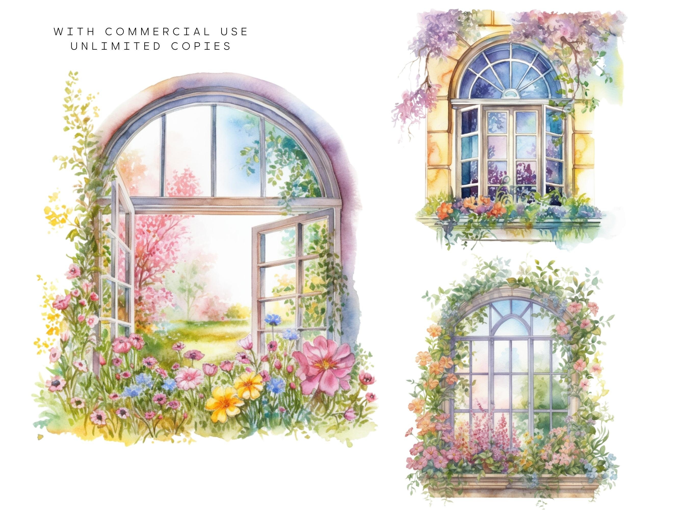 Windows Spring Watercolour Cliparts, Flowers Illustration, PNG Instant ...