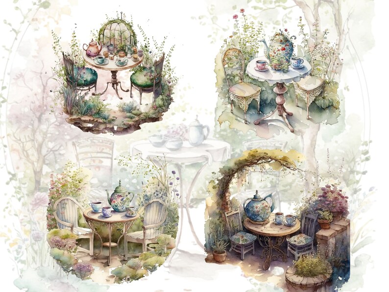 Garden Tea-time Watercolour, Clip-arts, Spring Flowers, Tea Party ...