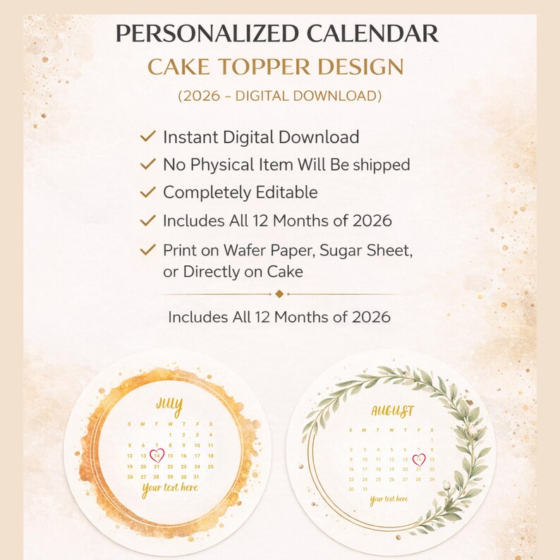 Editable 2026 Cake Calendar Topper, Vintage Heart Template (digital ...