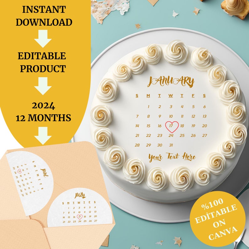 Burn Away Cake Topper 2024 Calendar Template, Custom Round Сake Topper ...
