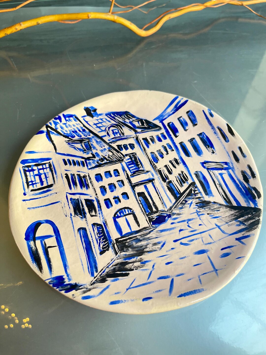 Hand-painted Plate – Cityscape Ceramic Dish, Urban Pottery Art, Unique ...