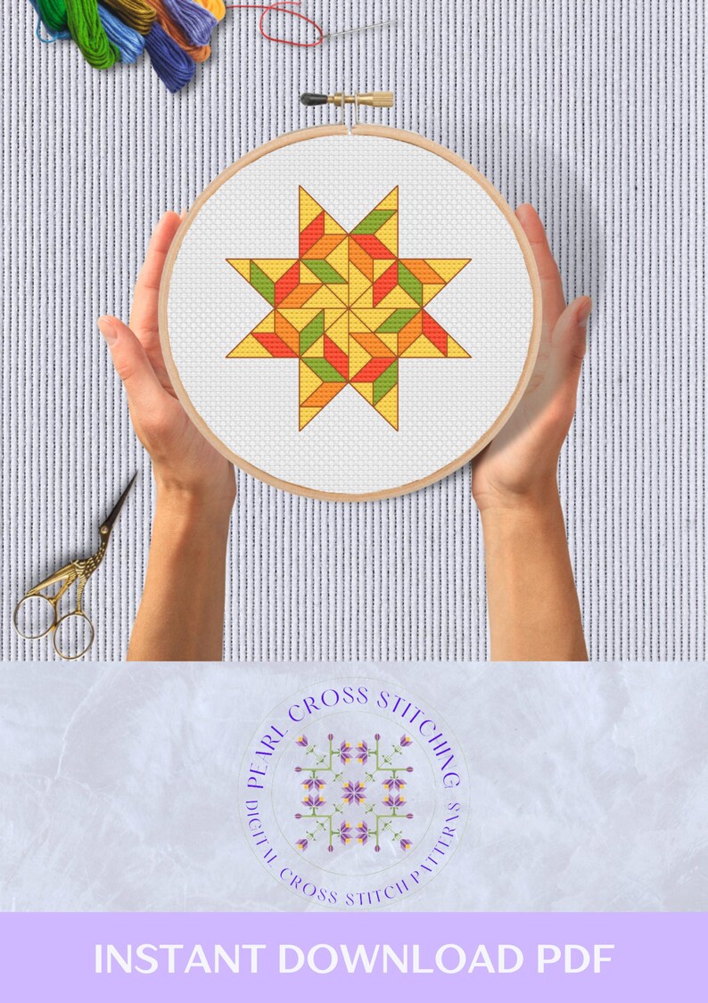 Cross Stitch Pattern, Stained Glass Eight Point Star Design, PDF ...