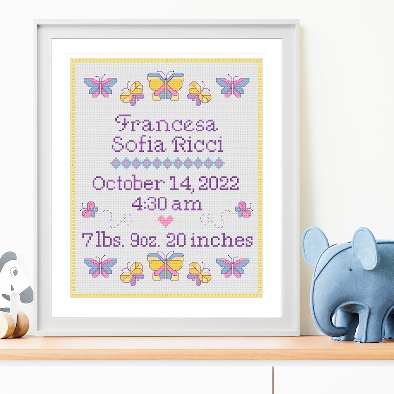 Cross Stitch Pattern, Baby Birth Announcement Sampler, Butterflies, PDF ...