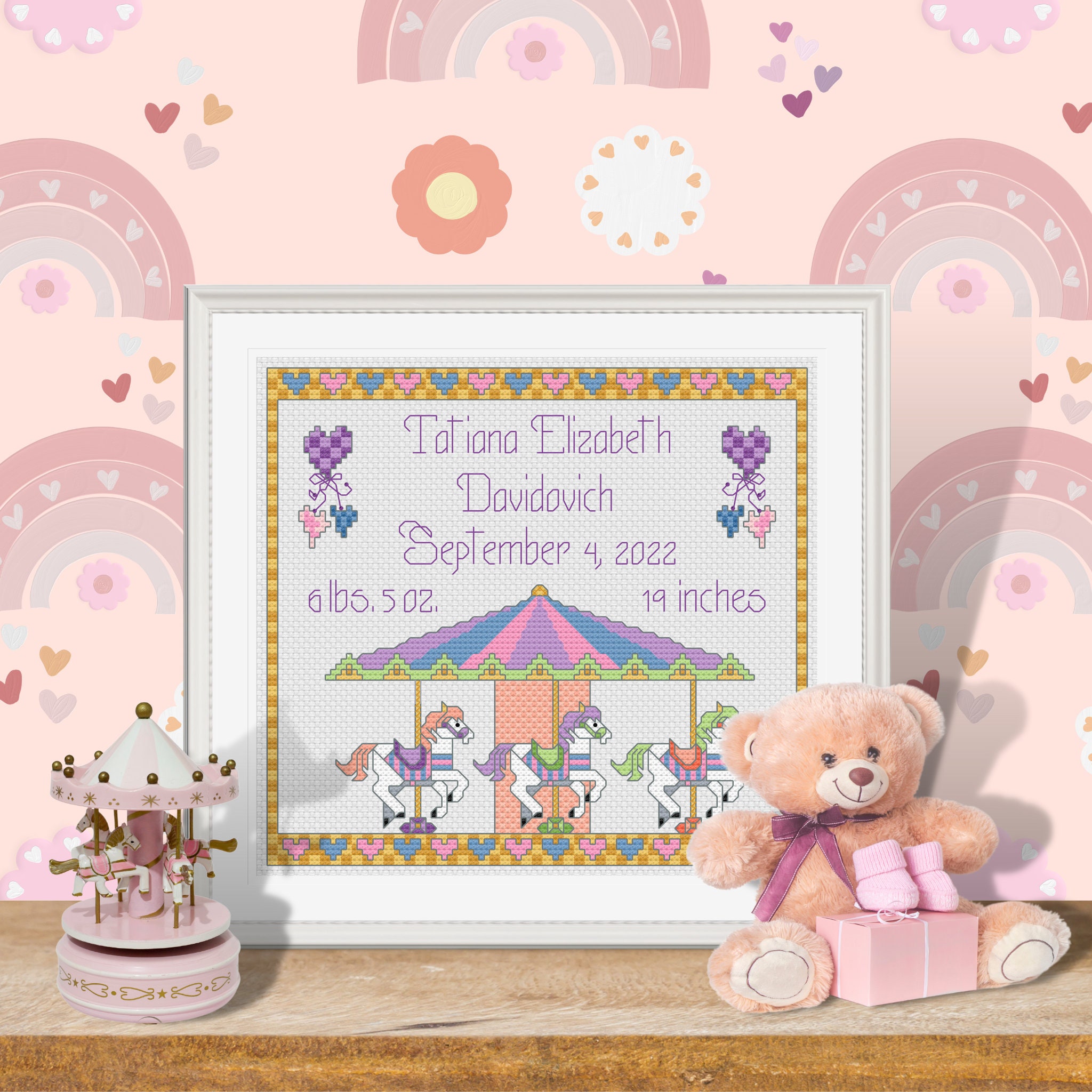Cross Stitch Pattern, Baby Birth Sampler, Carousel/heart Design, PDF ...