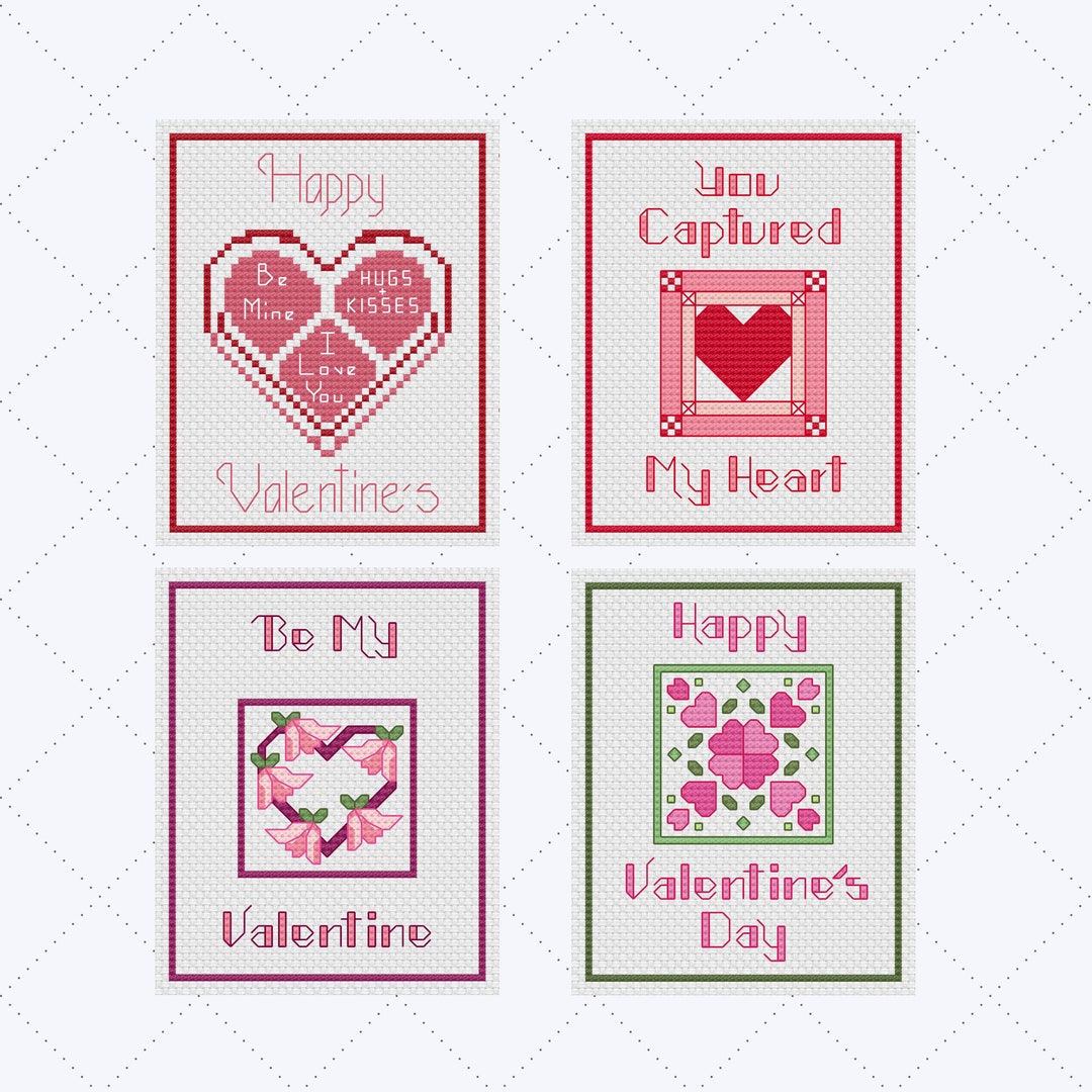 Valentine Cards Cross Stitch Patterns, Four Digital PDF Counted Cross ...
